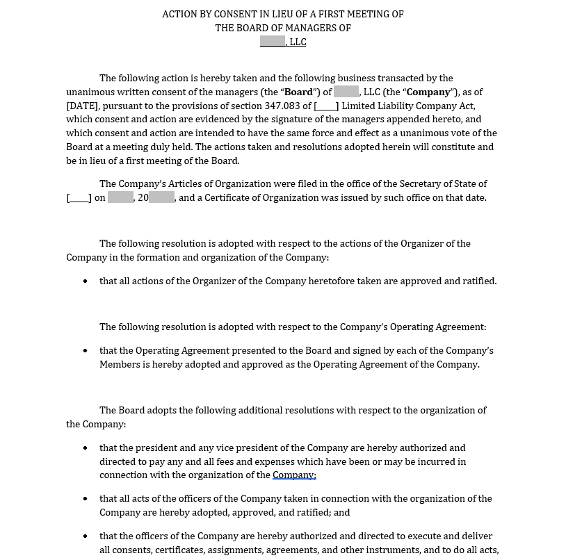 Initial Resolutions (Board of Managers LLC)